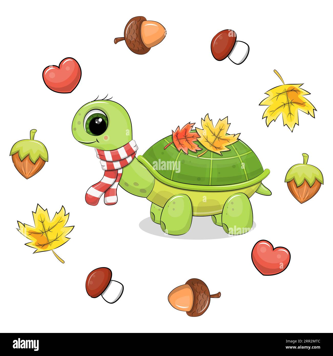 Cute cartoon green turtle with fallen leaves in the autumn frame ...