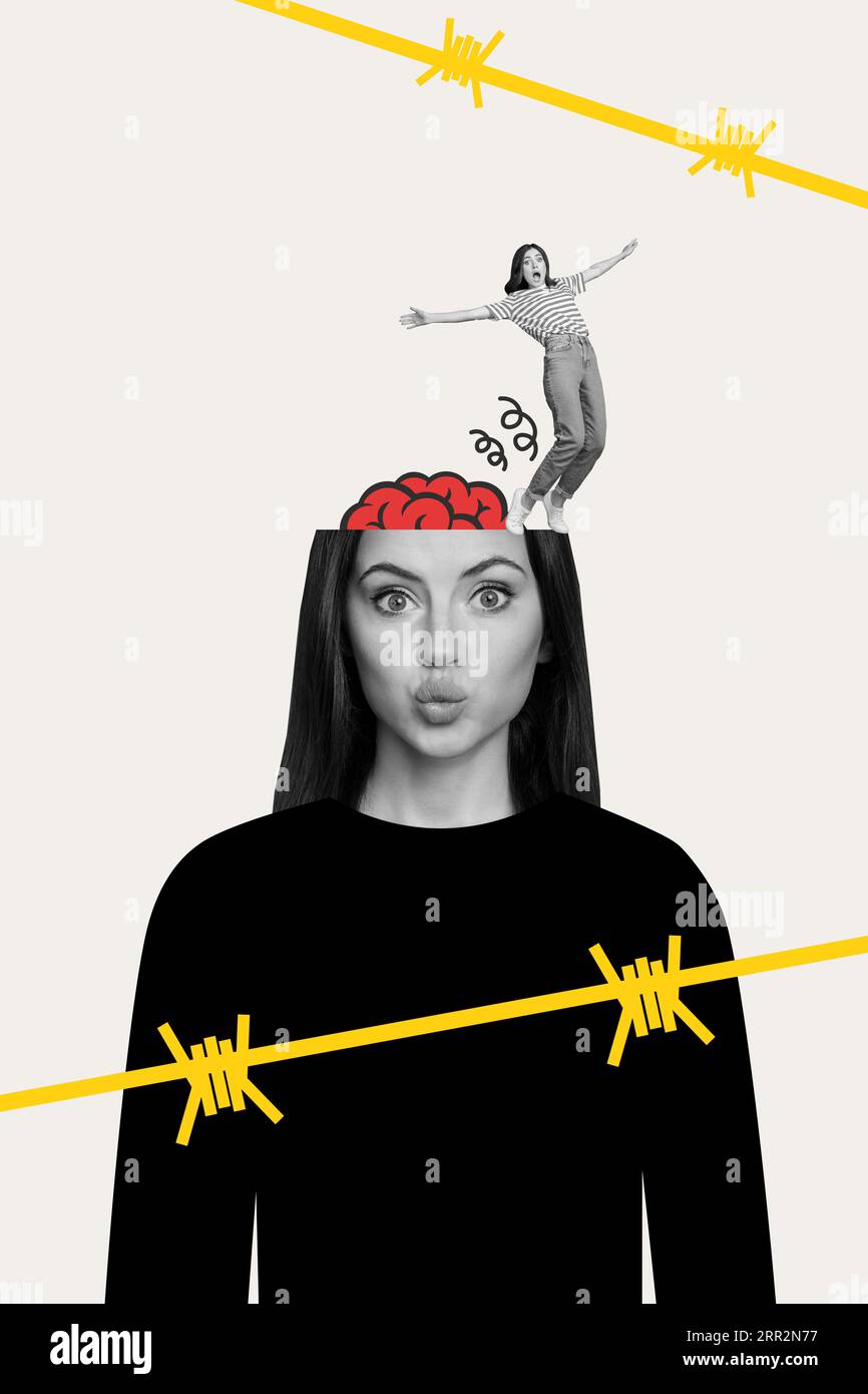 Photo art collage of young woman pouty lips stupid zombie watching ...