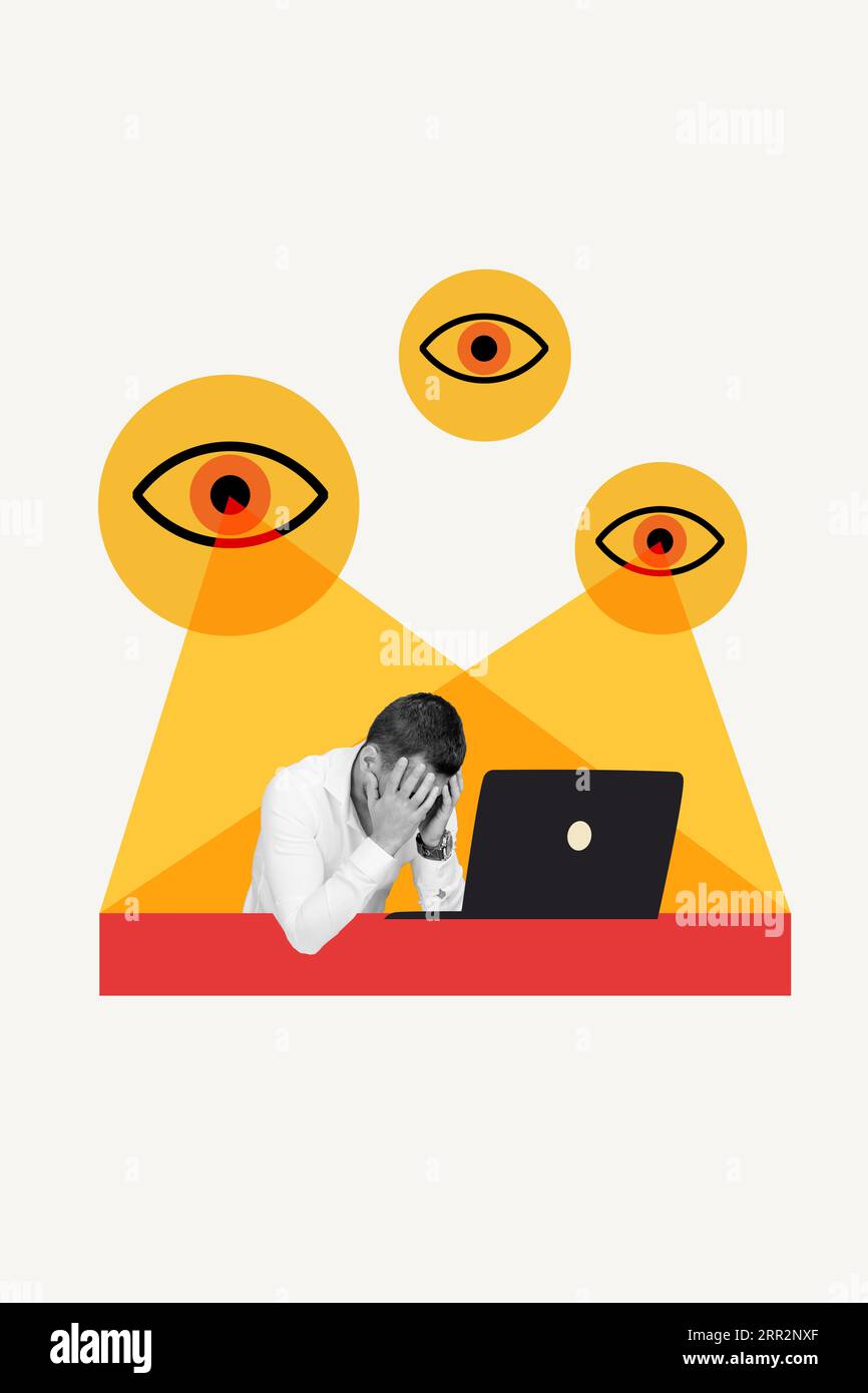 Collage vertical of depression irritated working man hands head hackers spying eyes looking his ...