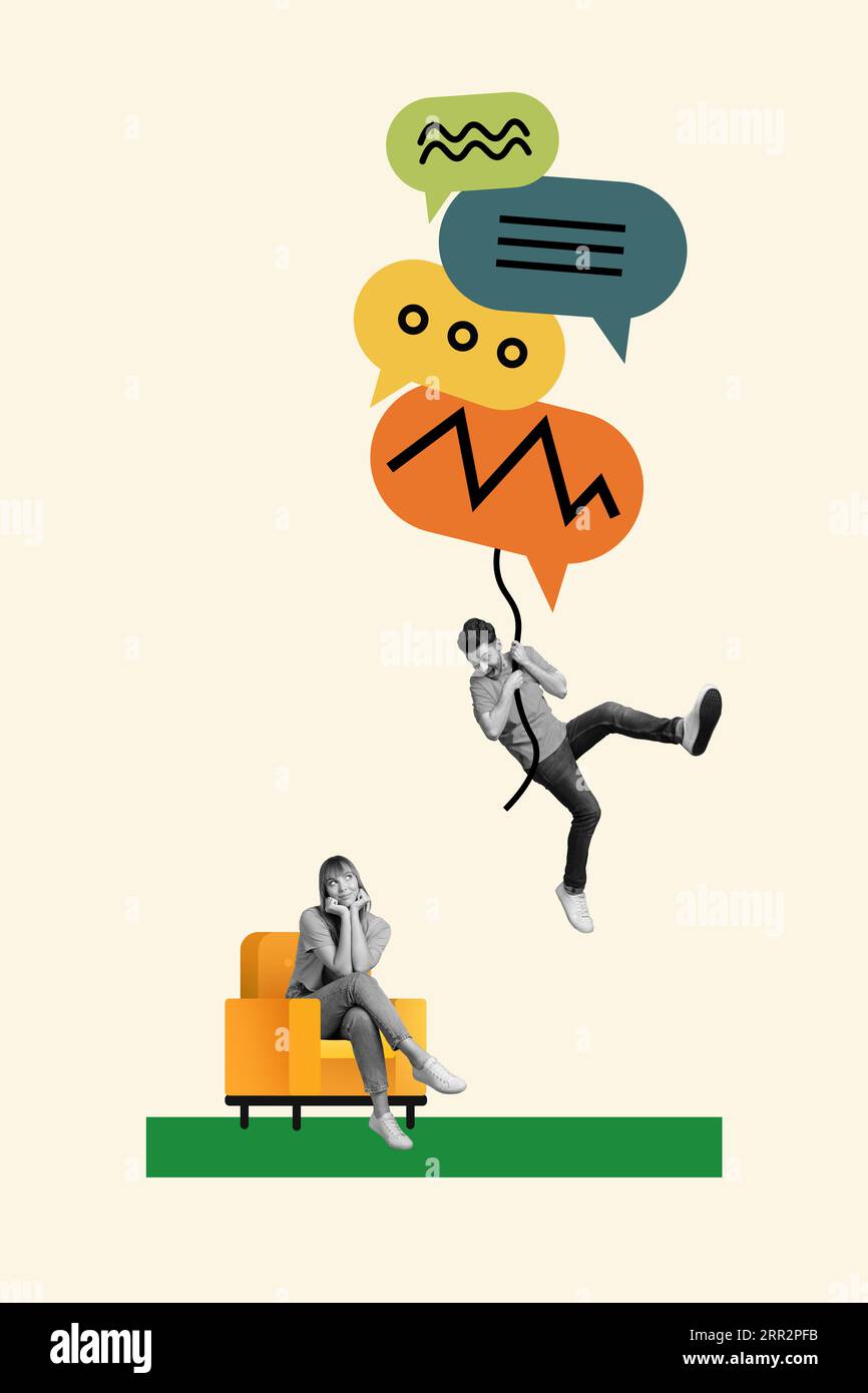 Vertical collage of two young people relationship communicate two ...