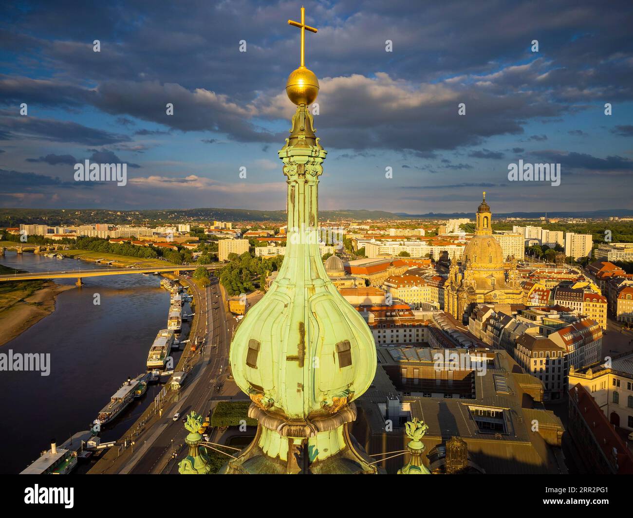 Old town of Dresden with the famous towers. in the foreground the ...