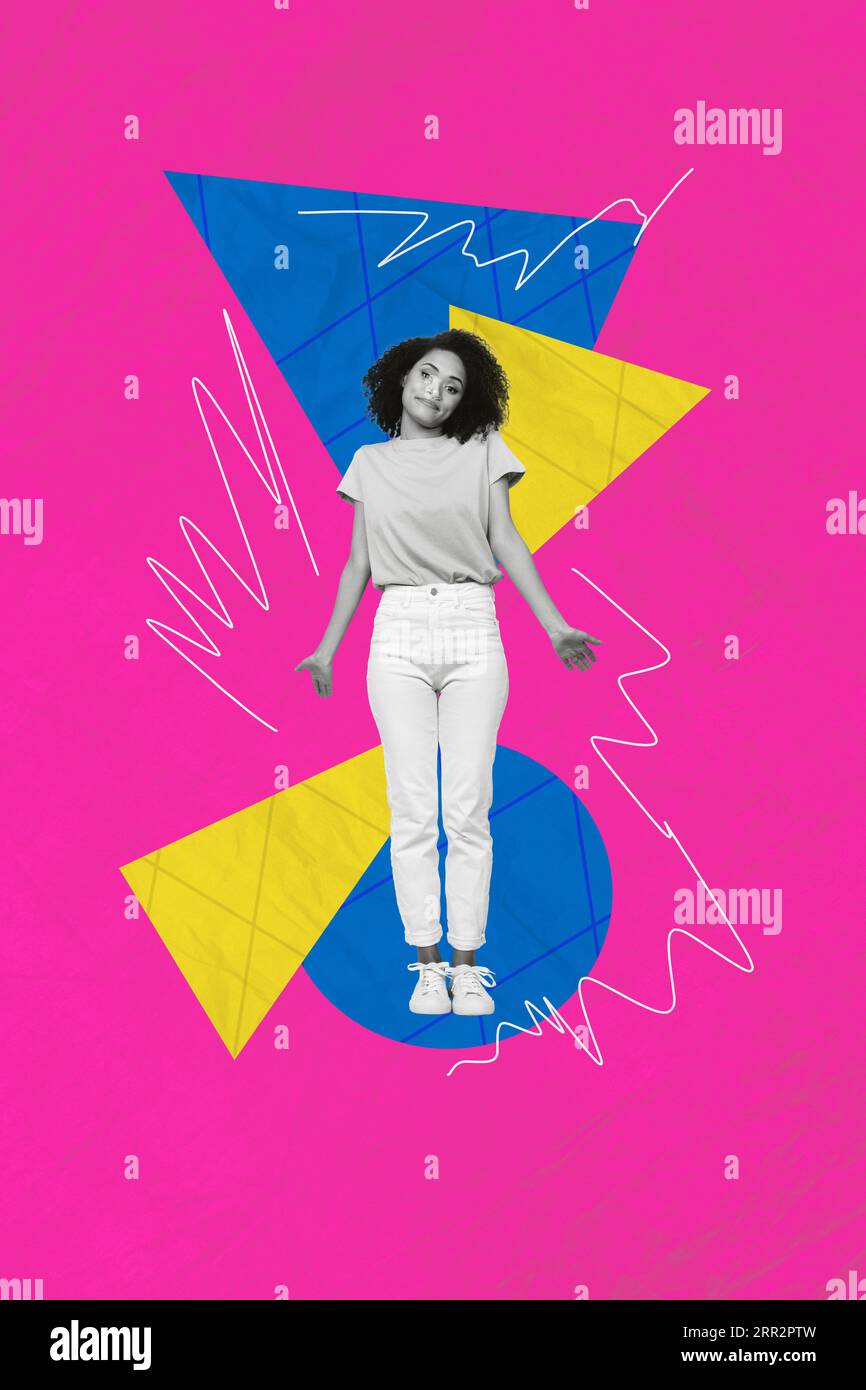 Vertical collage of black white colors clueless girl shrug shoulders ...