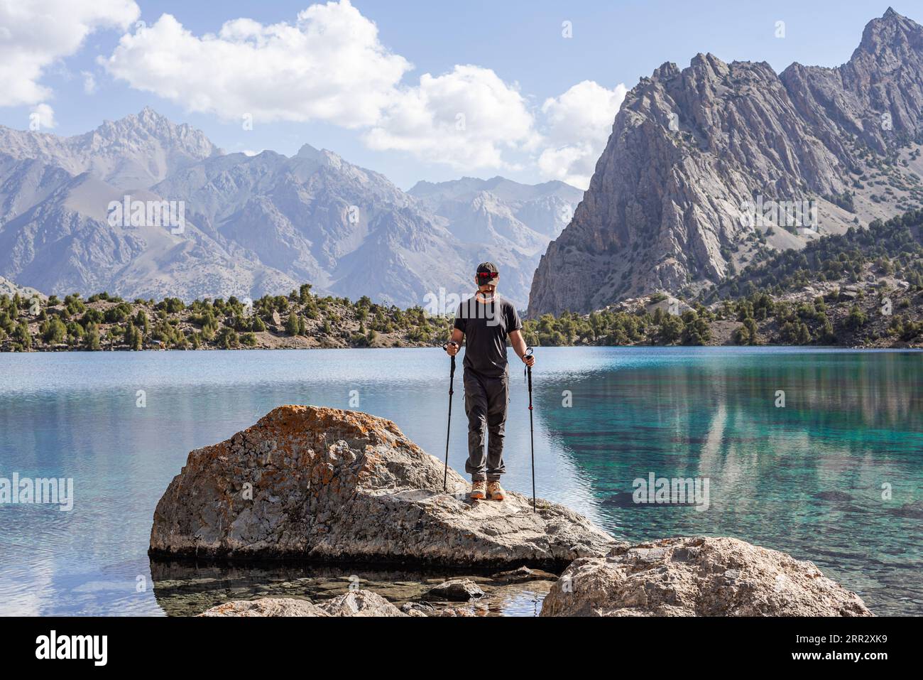 Man hiker exploring mountains lake in Tajikistan Stock Photo - Alamy