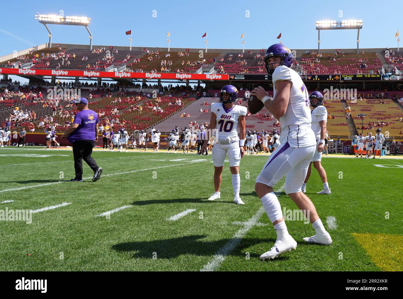 Northern Iowa quarterback Theo Day (12) warm ups before an NCAA college ...