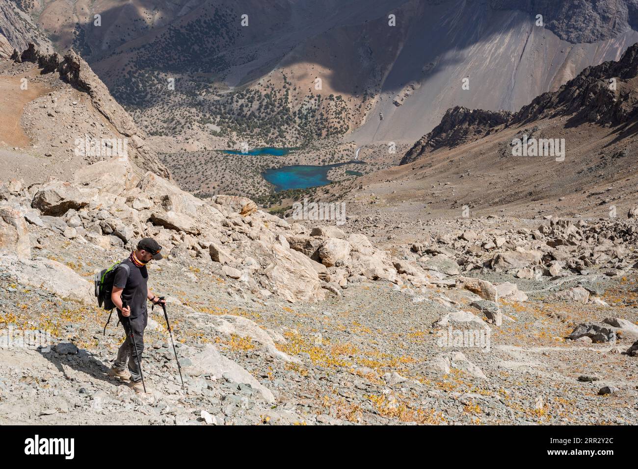 Man hiker exploring mountains lake in Tajikistan Stock Photo - Alamy