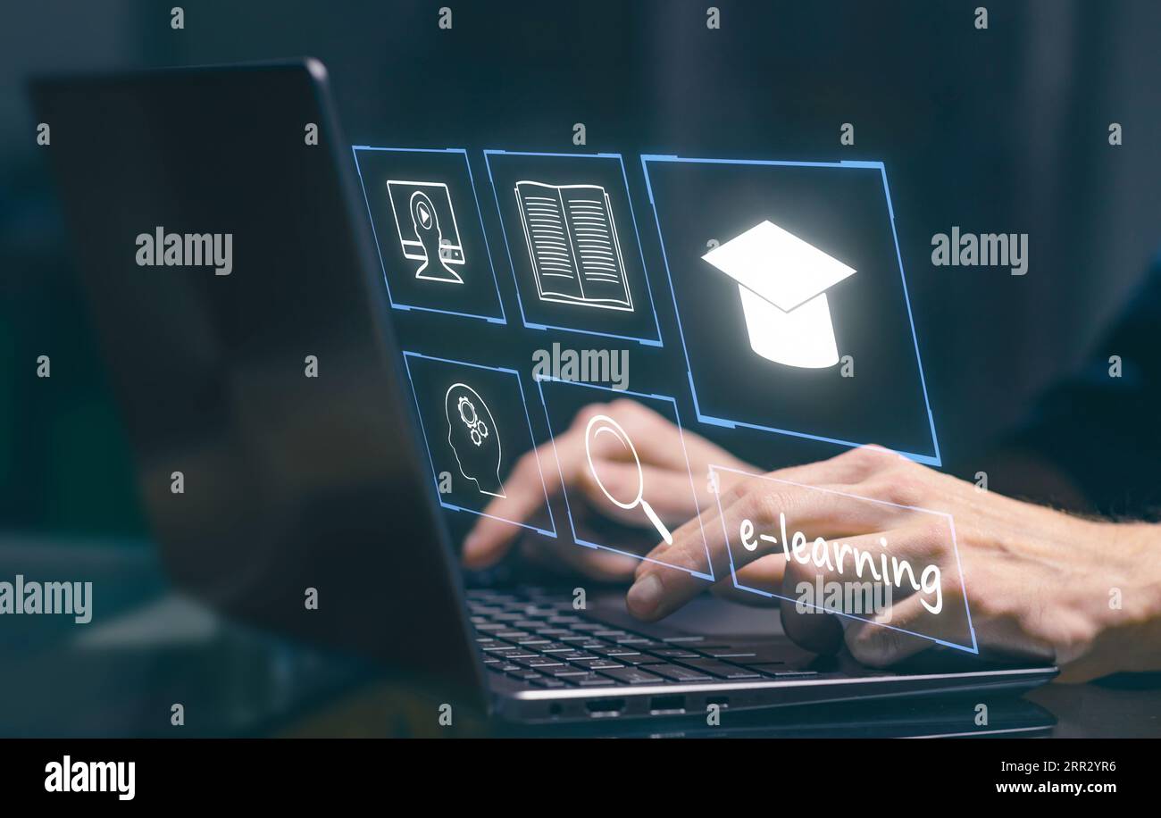 E-learning and Online Education concept. Male student learning lesson ...