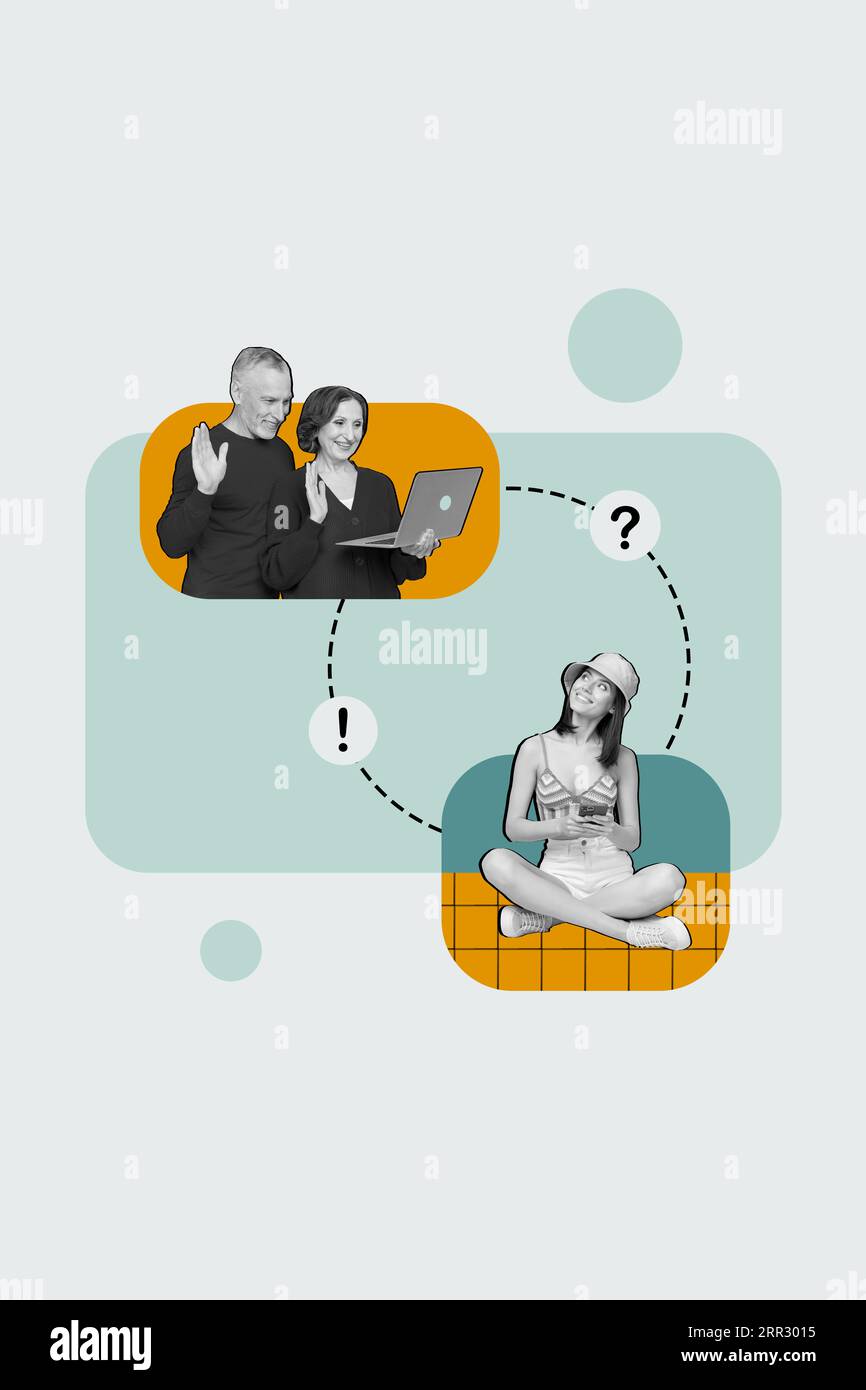 Sketch collage template of happy family speaking video call modern ...