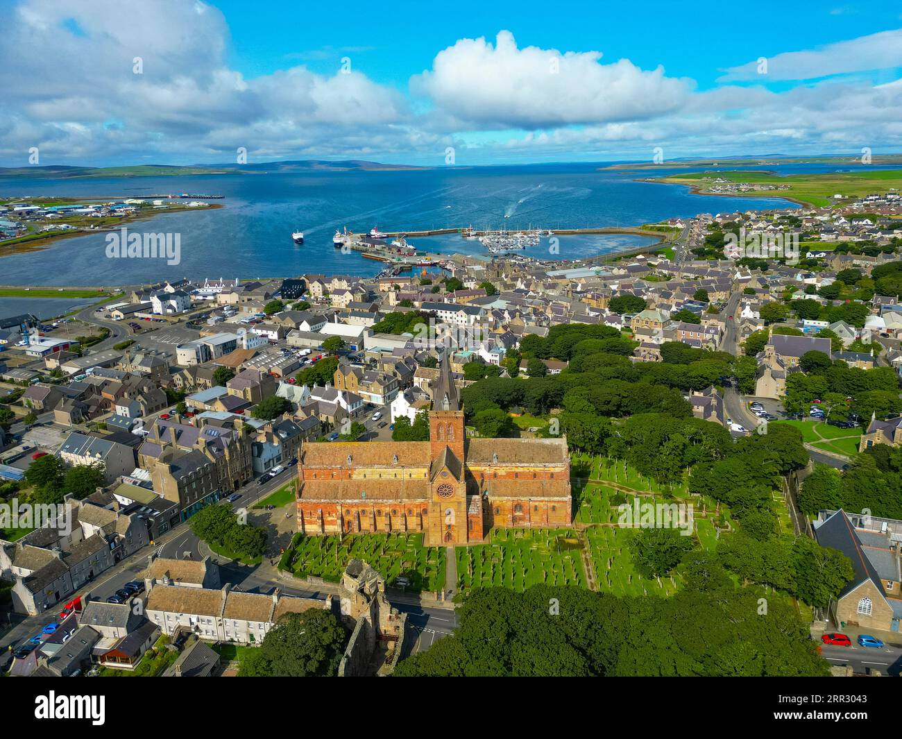 Aerial view of St Magnus Cathedral in Kirkwall, Mainland, Orkney ...