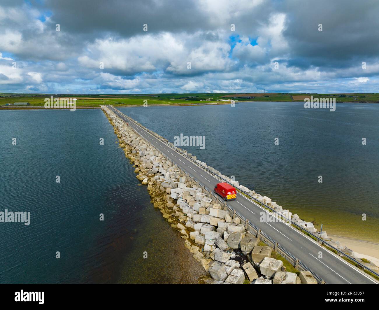 Aerial view of Churchill Barrier and causeway in Orkney Islands ...