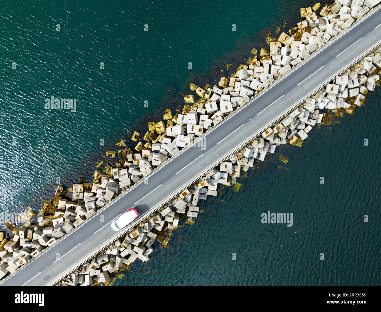 Aerial view of Churchill Barrier and causeway in Orkney Islands ...