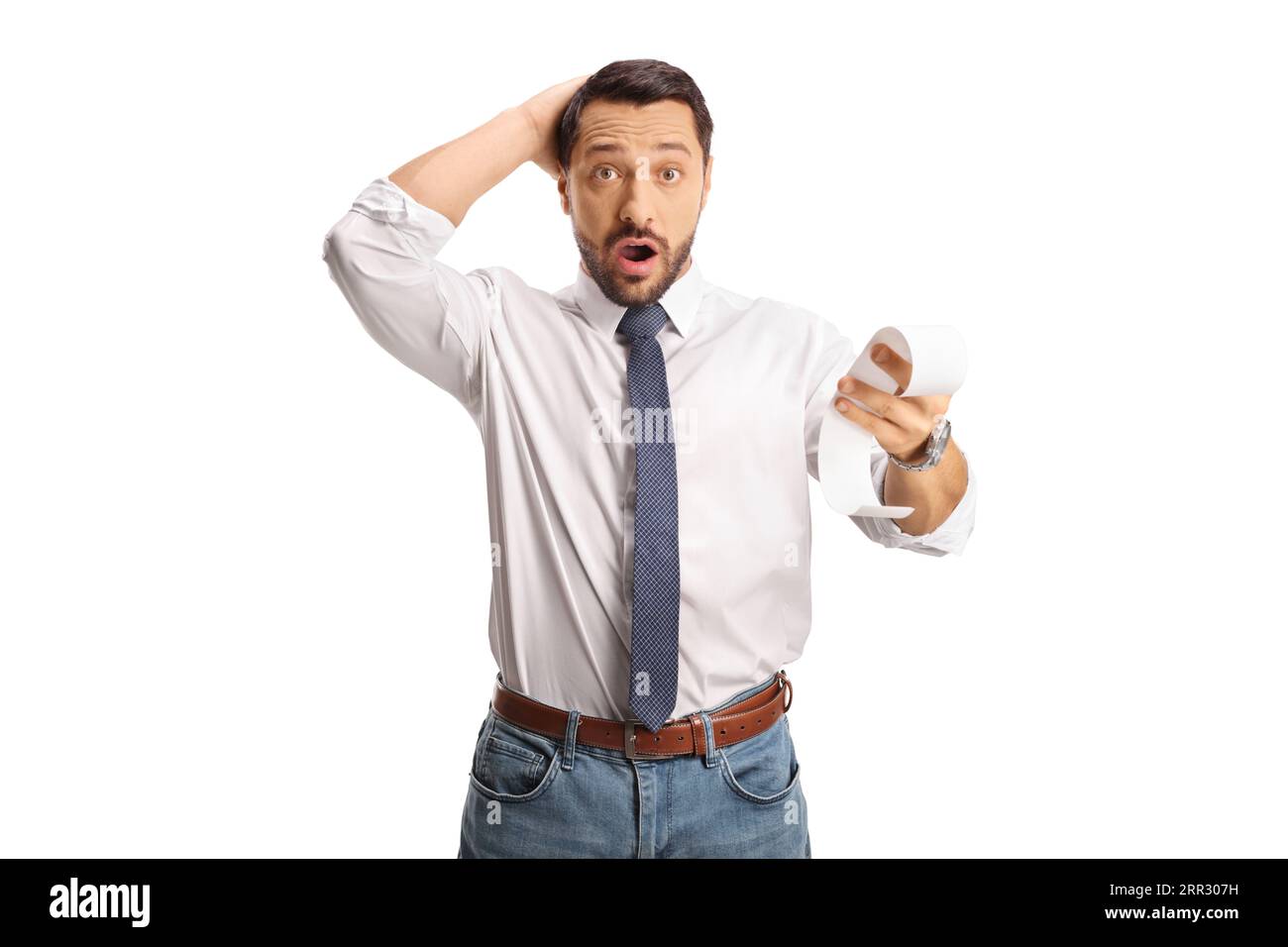 Man holding a shockingly expensive bill isolated on white background ...