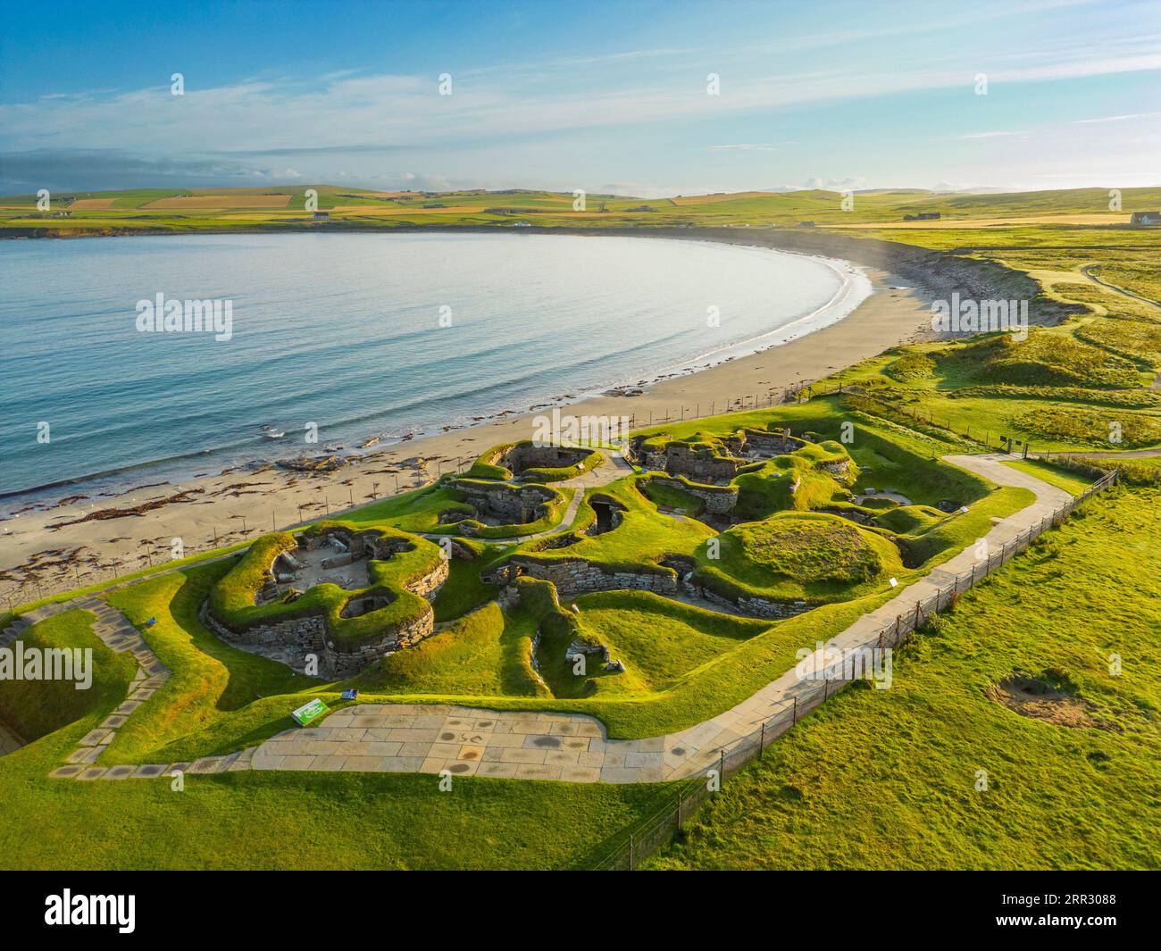 Aerial view of Skara Brae stone-built Neolithic settlement, located on ...