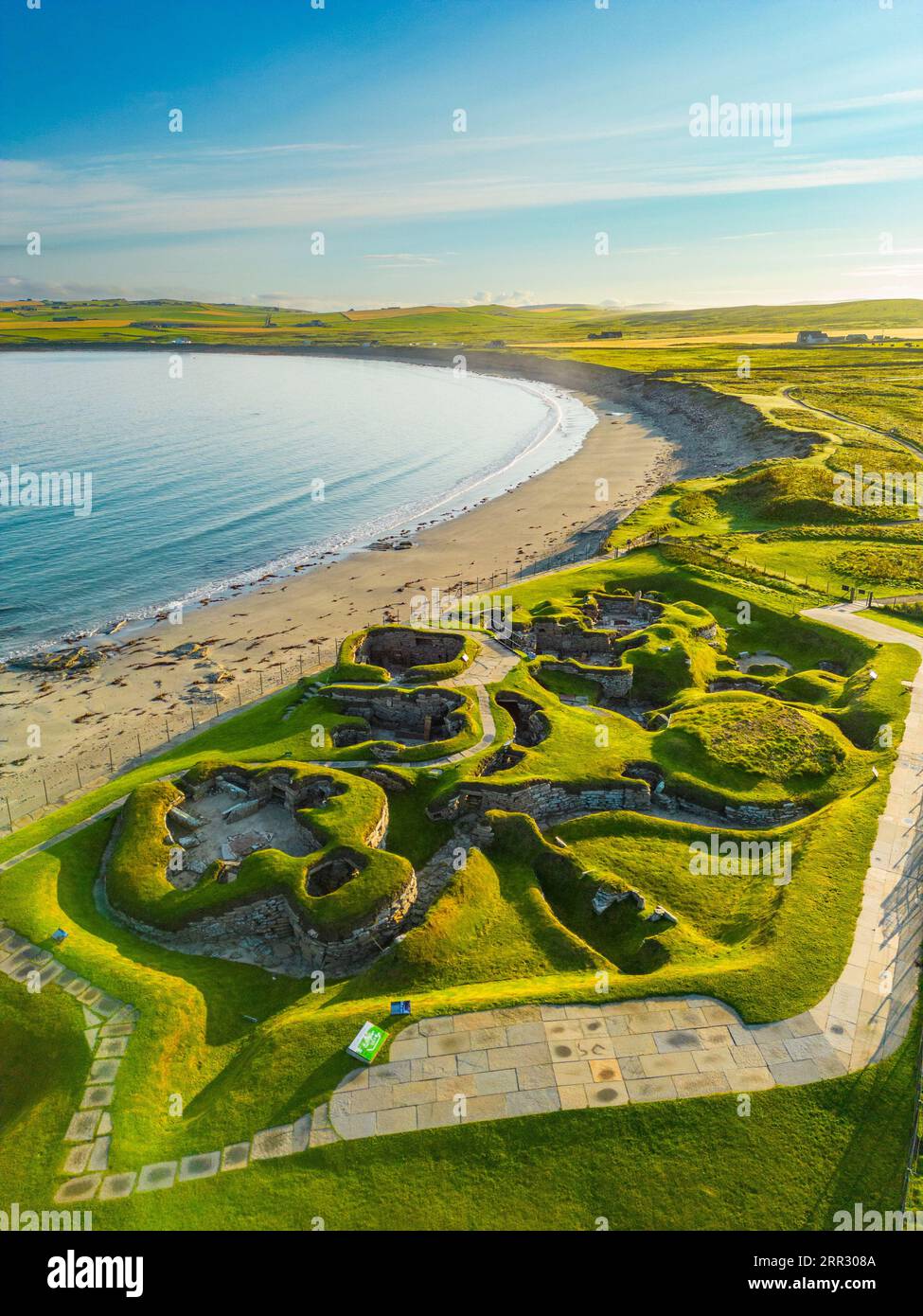 Aerial view of Skara Brae stone-built Neolithic settlement, located on ...