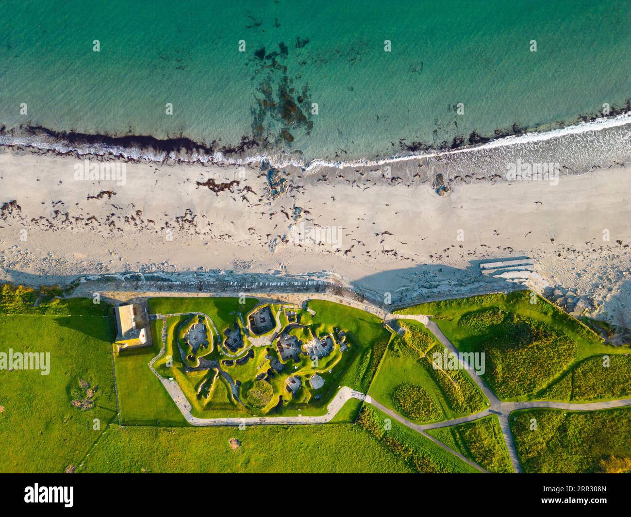 Aerial view of Skara Brae stone-built Neolithic settlement, located on ...