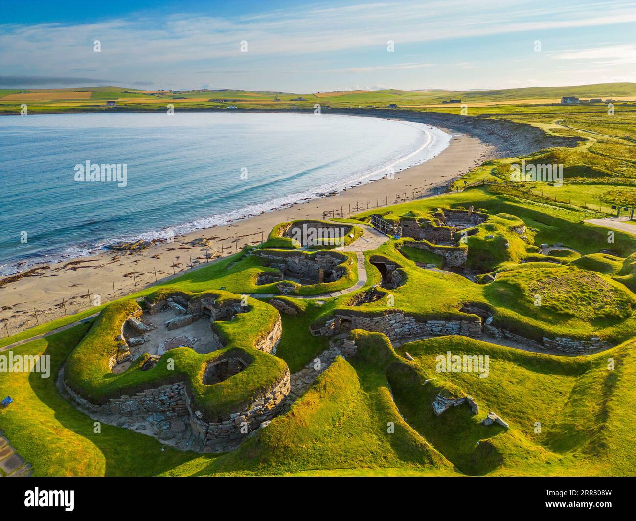 Aerial view of Skara Brae stone-built Neolithic settlement, located on ...