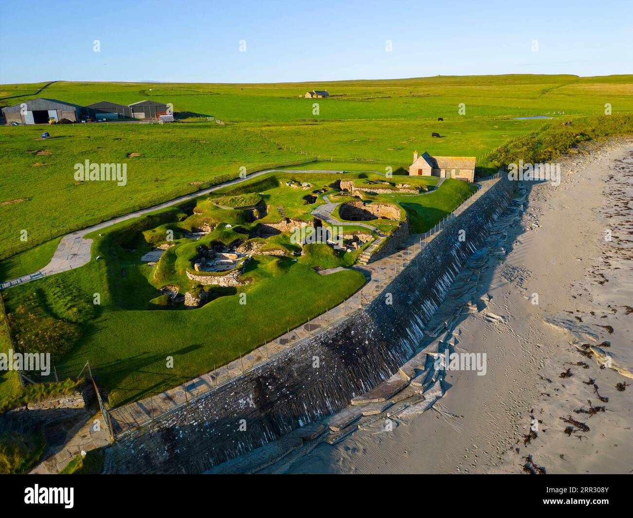 Aerial view of Skara Brae stone-built Neolithic settlement, located on ...