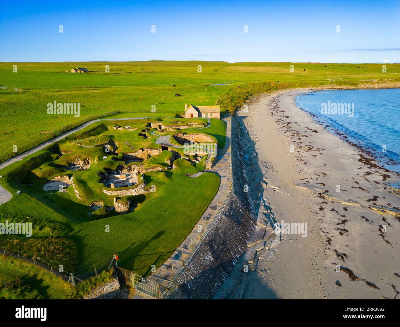 Aerial view of Skara Brae stone-built Neolithic settlement, located on ...