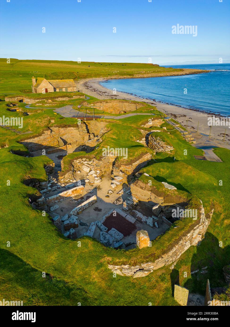 Aerial view of Skara Brae stone-built Neolithic settlement, located on ...