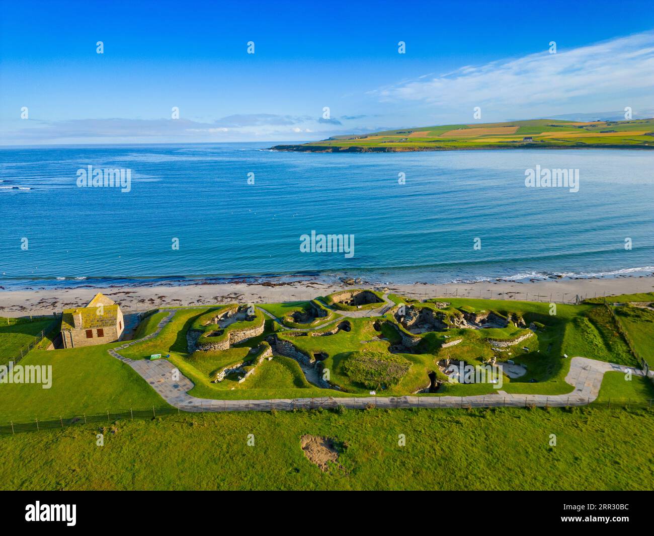 Aerial view of Skara Brae stone-built Neolithic settlement, located on the Bay of Skaill , west ...