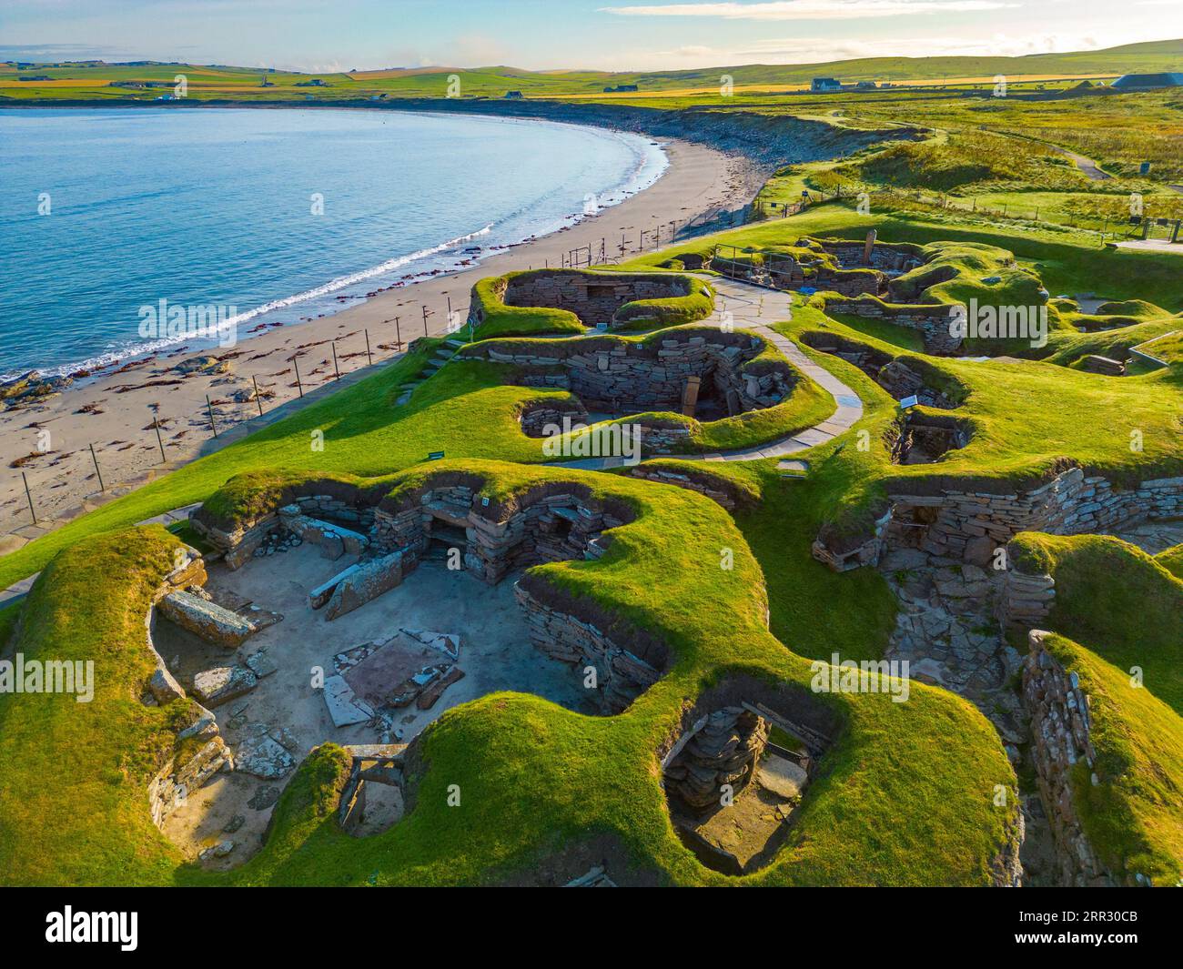 Aerial view of Skara Brae stone-built Neolithic settlement, located on ...
