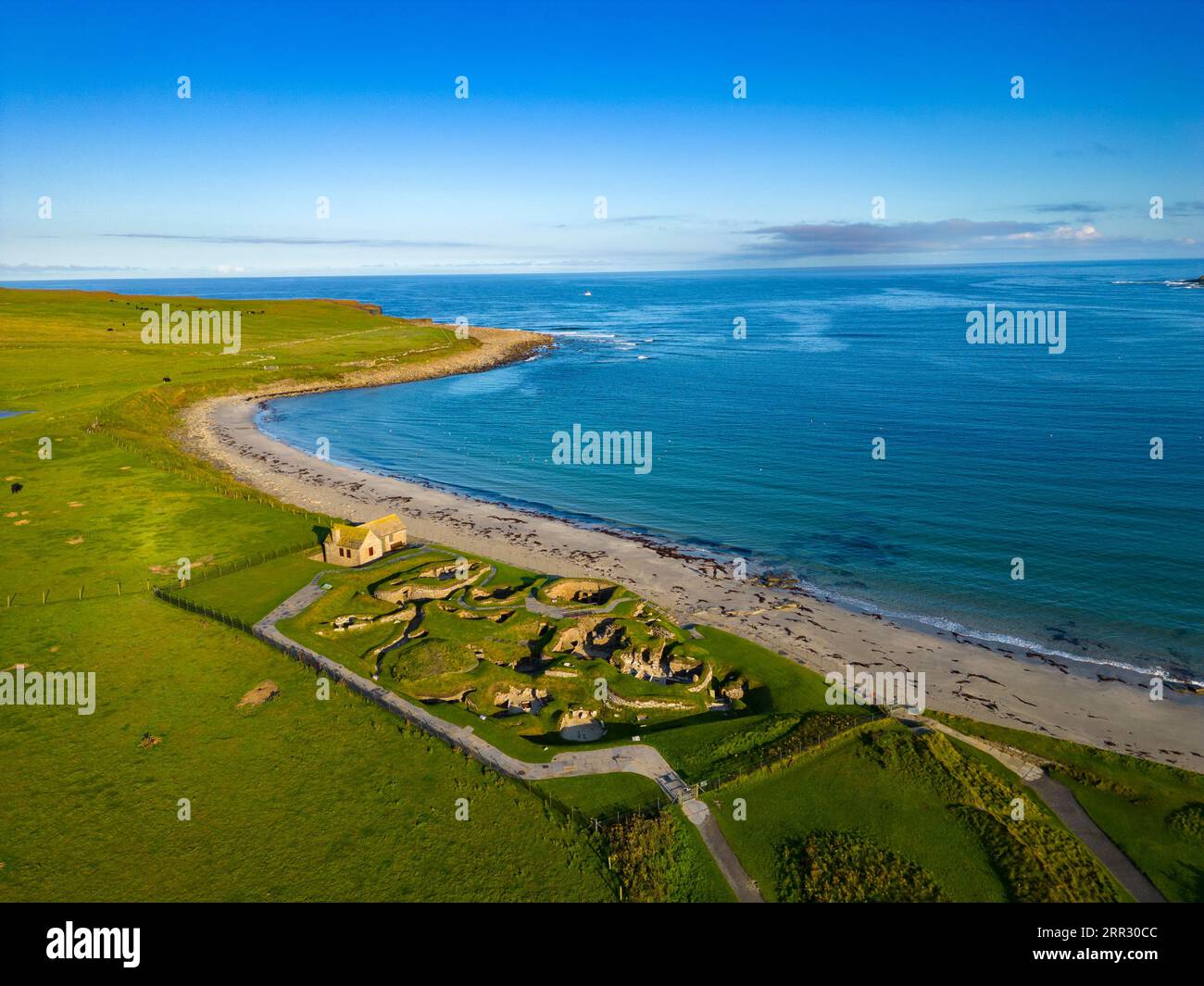Aerial view of Skara Brae stone-built Neolithic settlement, located on ...