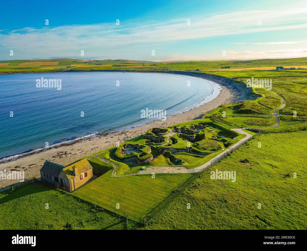 Aerial view of Skara Brae stone-built Neolithic settlement, located on ...
