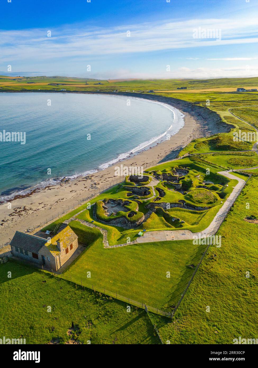 Aerial view of Skara Brae stone-built Neolithic settlement, located on ...