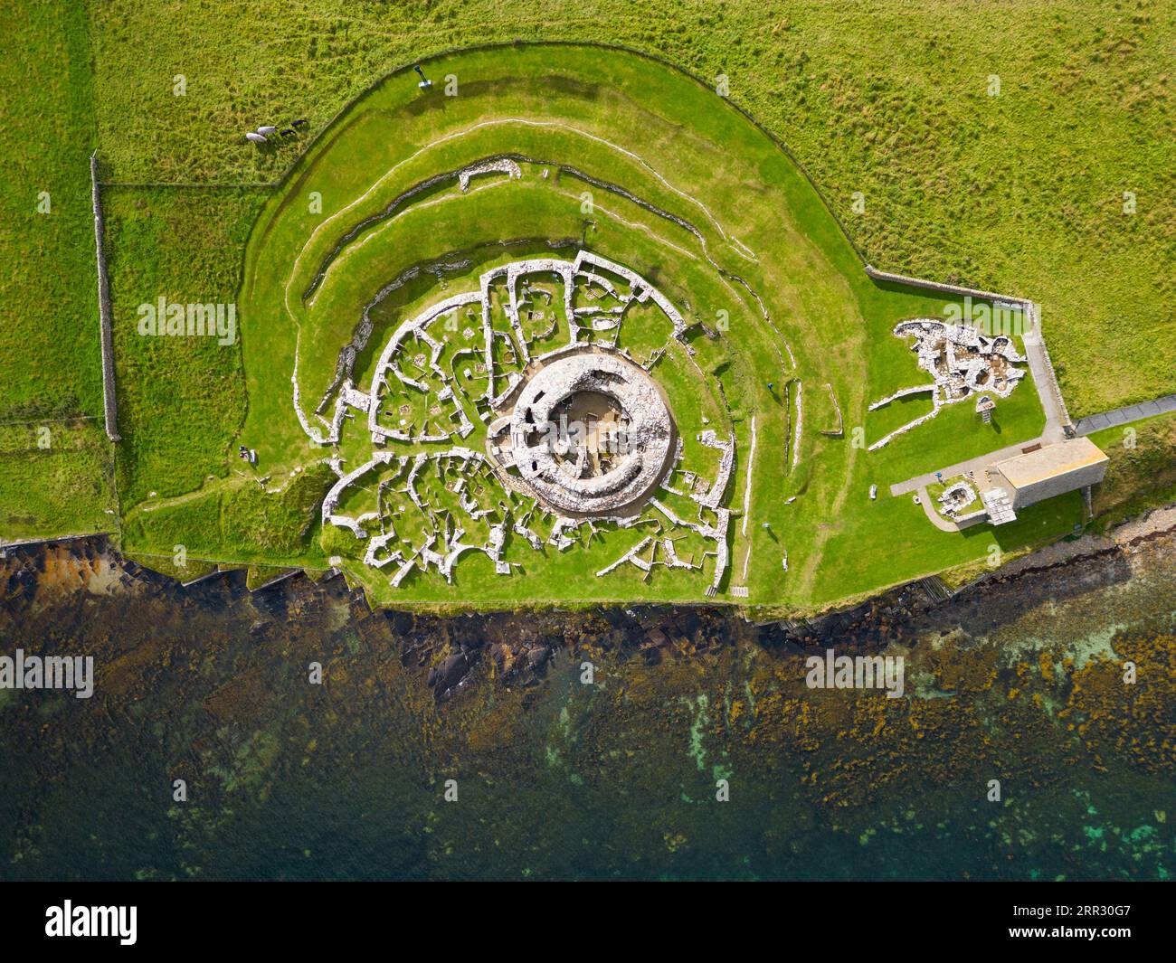 Aerial view of Broch of Gurness Iron Age broch village on West Mainland ...