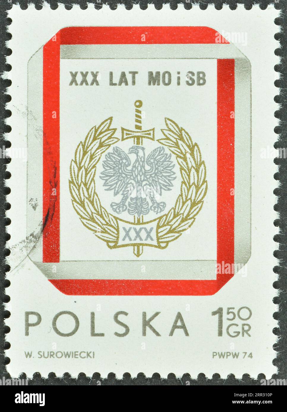 Cancelled postage stamp printed by Poland, that shows Civic Militia and ...