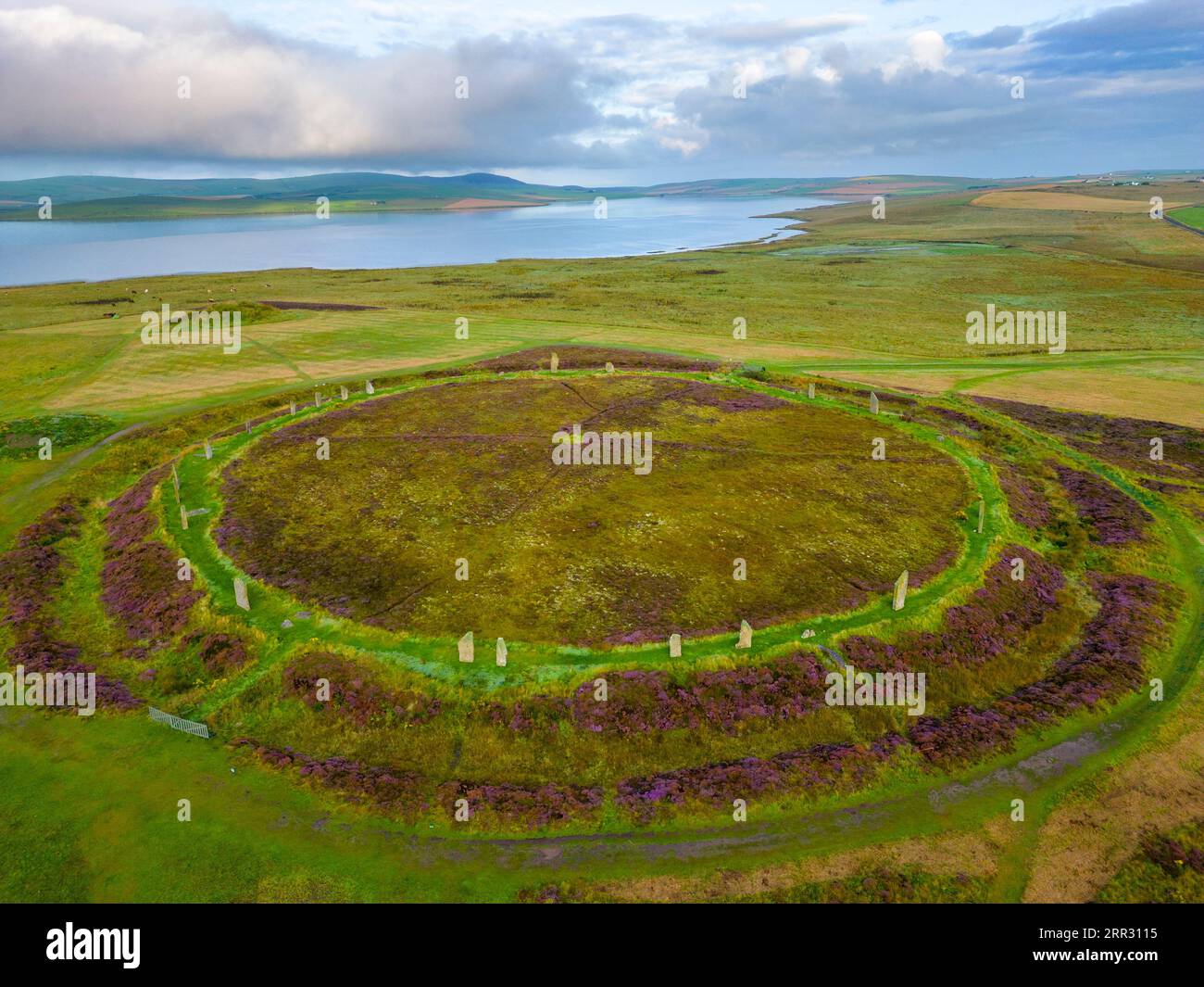 Aerial view of Ring of Brodgar neolithic henge and stone circle at West ...