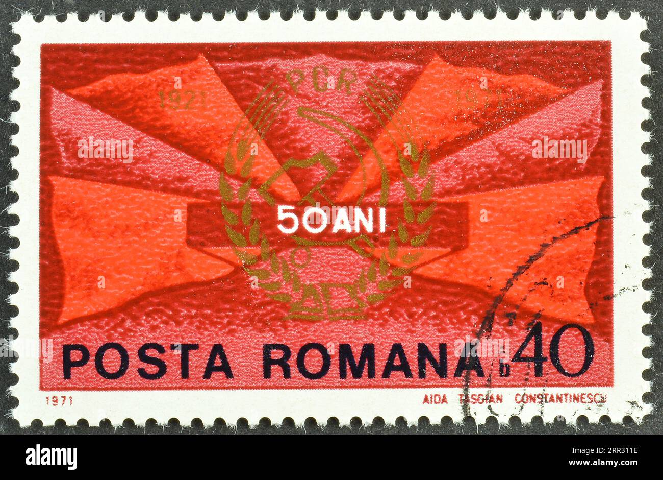 Cancelled postage stamp printed by Romania, that shows Red Flags and ...