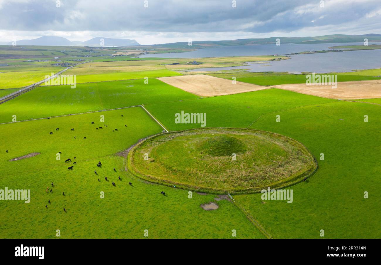 Aerial view of Maeshowe Neolithic chambered cairn and passage grave at ...