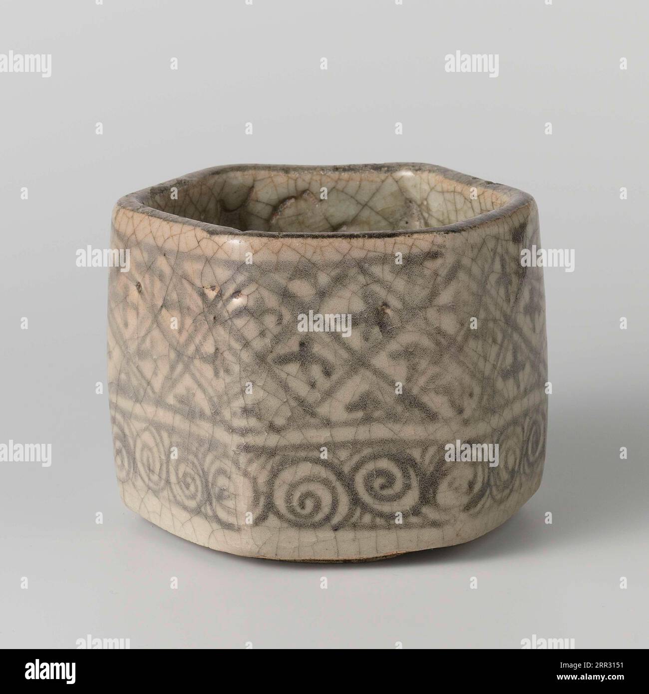 Shino. Pot for burning charcoal. Hexagonal, decorated with geometric ...