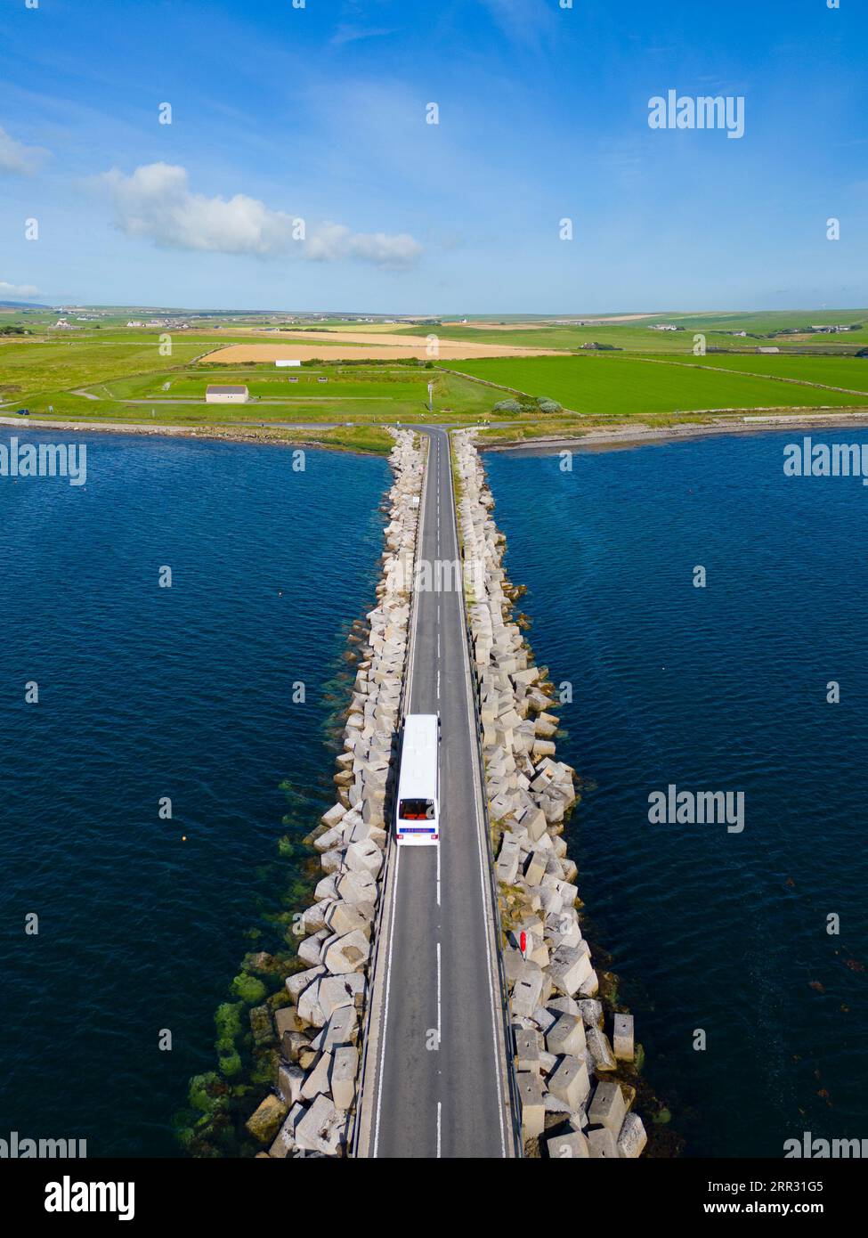 Aerial view of Churchill Barrier and causeway in Orkney Islands ...