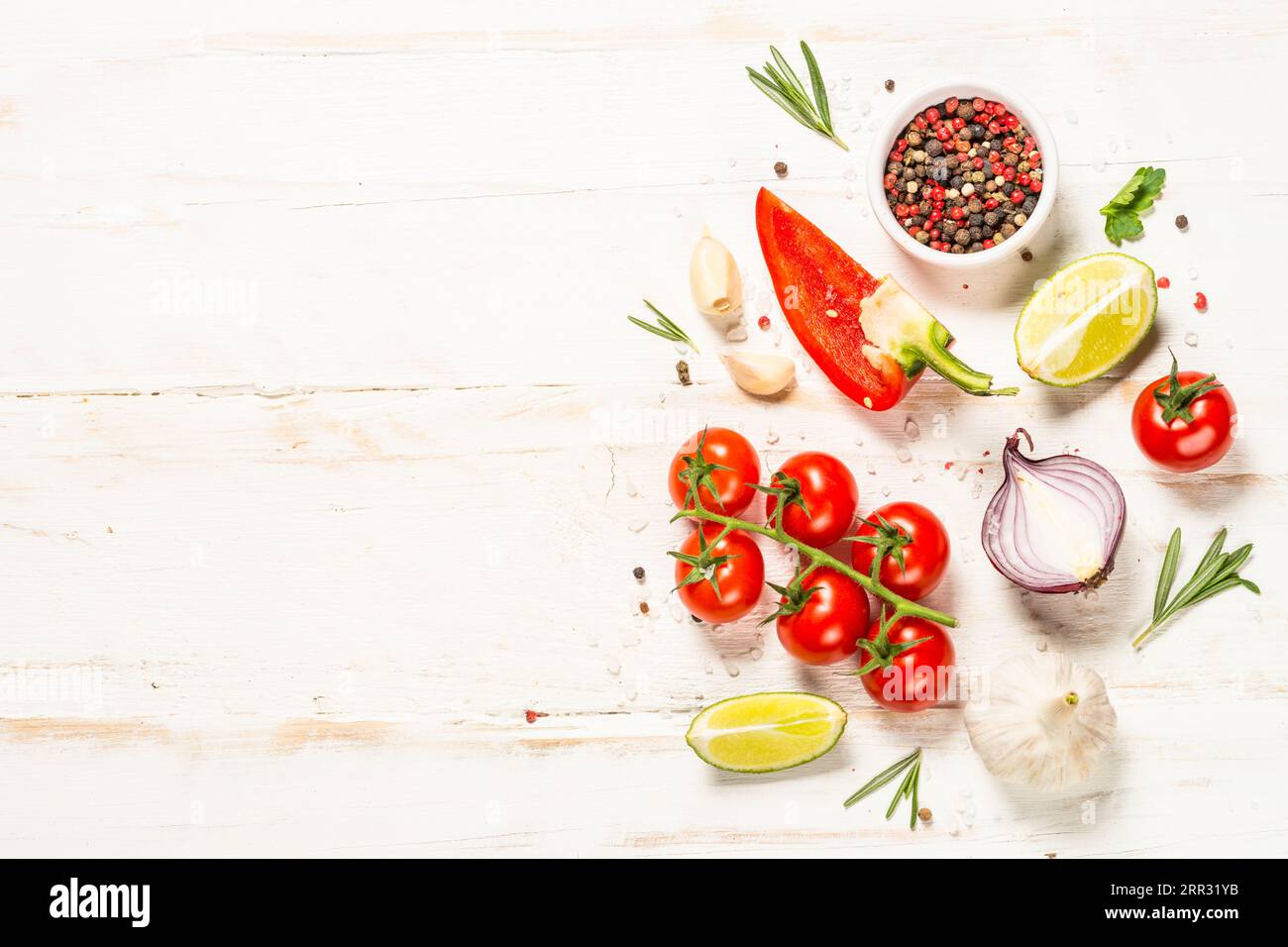Food cooking background on white wooden table Stock Photo - Alamy