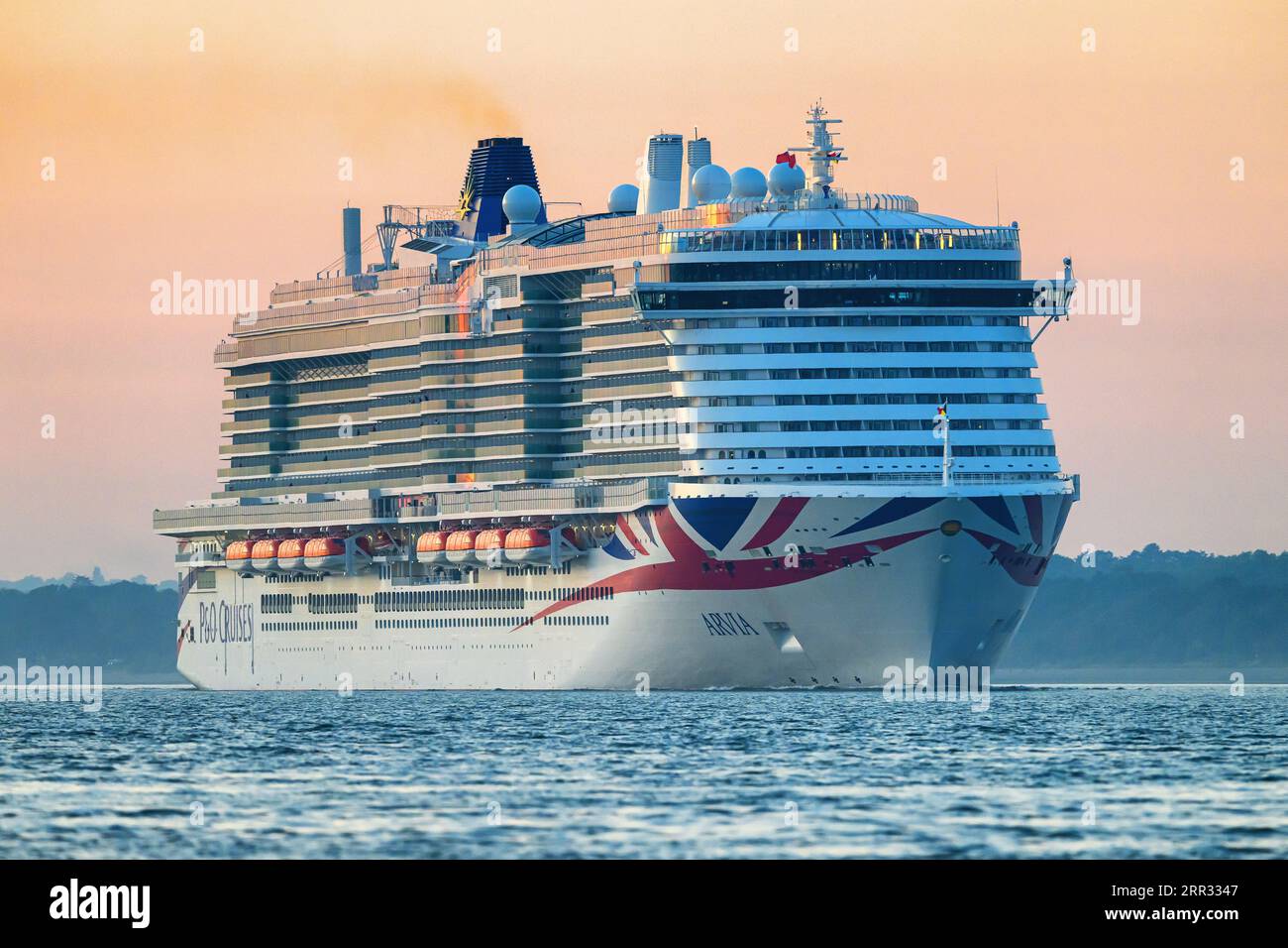 Sunset sailing of Arvia, an LNG-powered Excel class cruise ship ...