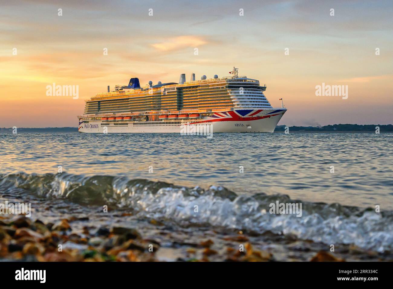 Sunset sailing of Arvia, an LNG-powered Excel class cruise ship ...