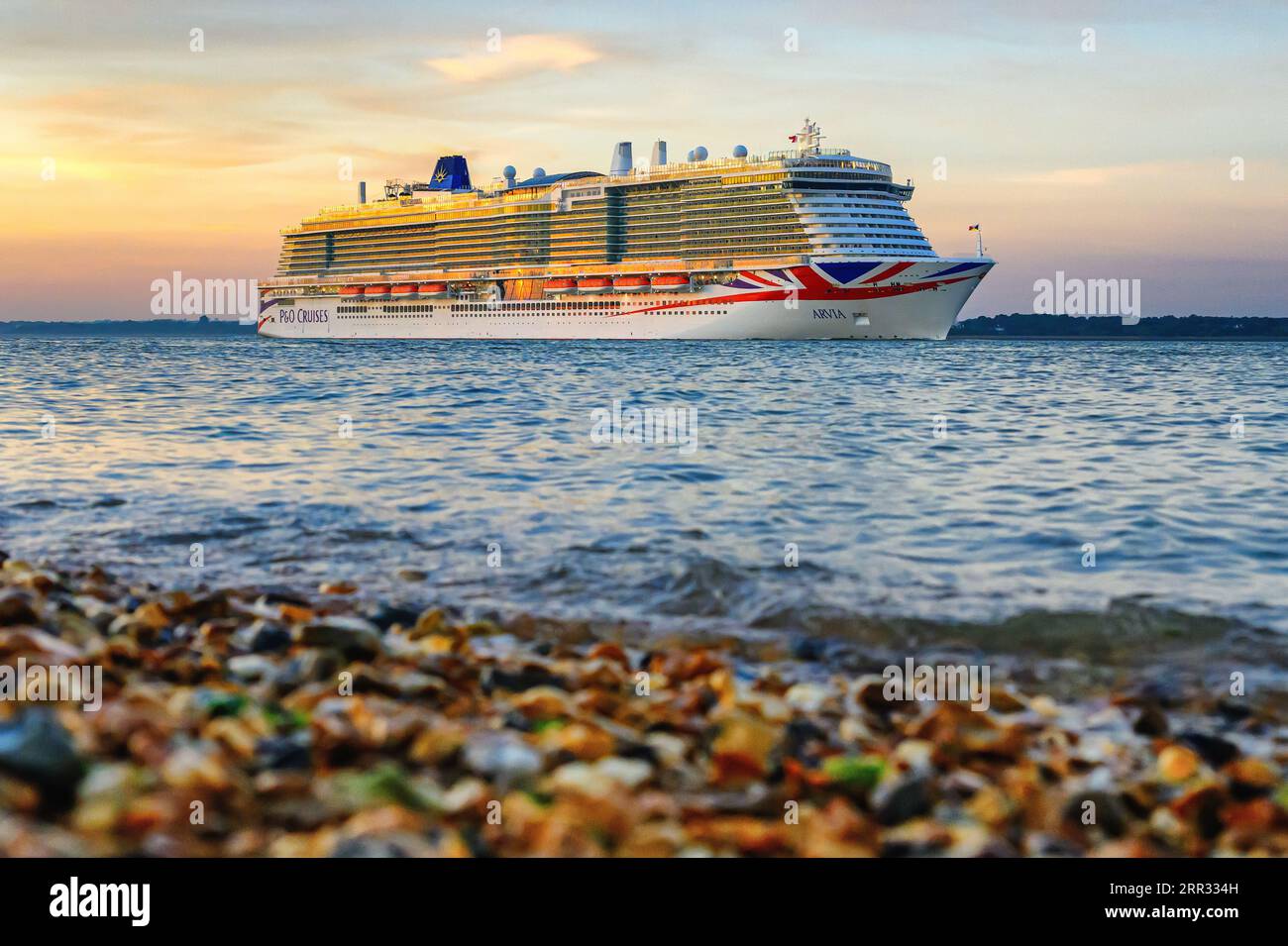 Sunset sailing of Arvia, an LNG-powered Excel class cruise ship ...
