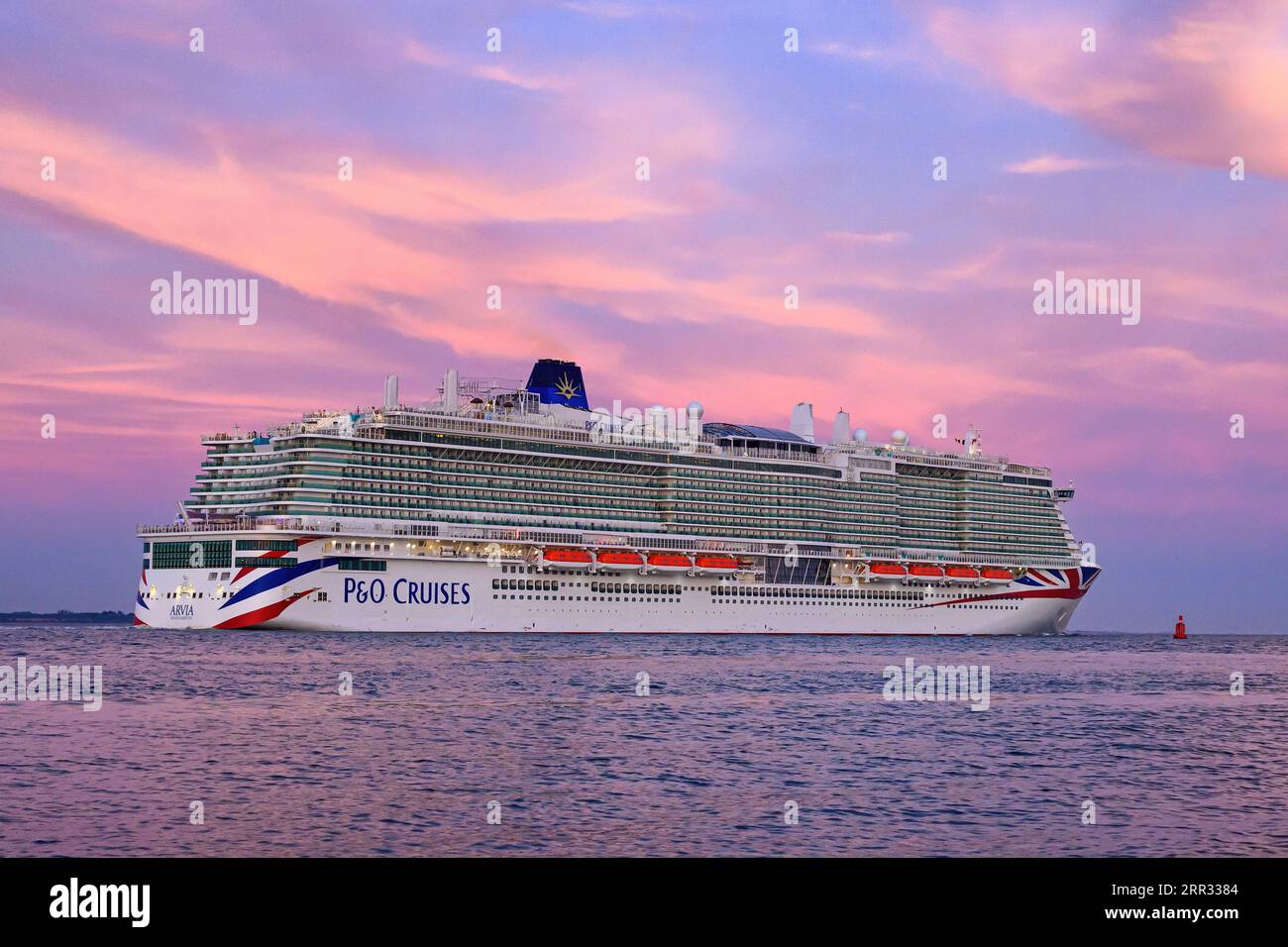Sunset sailing of Arvia, an LNG-powered Excel class cruise ship ...