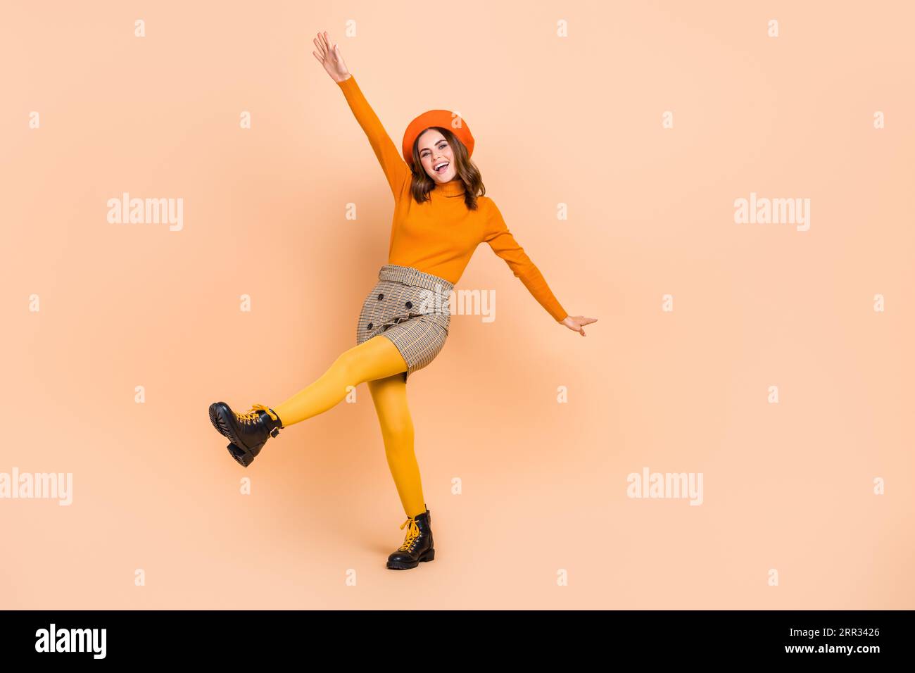 Full length photo of optimistic positive lady wear trendy clothes ...