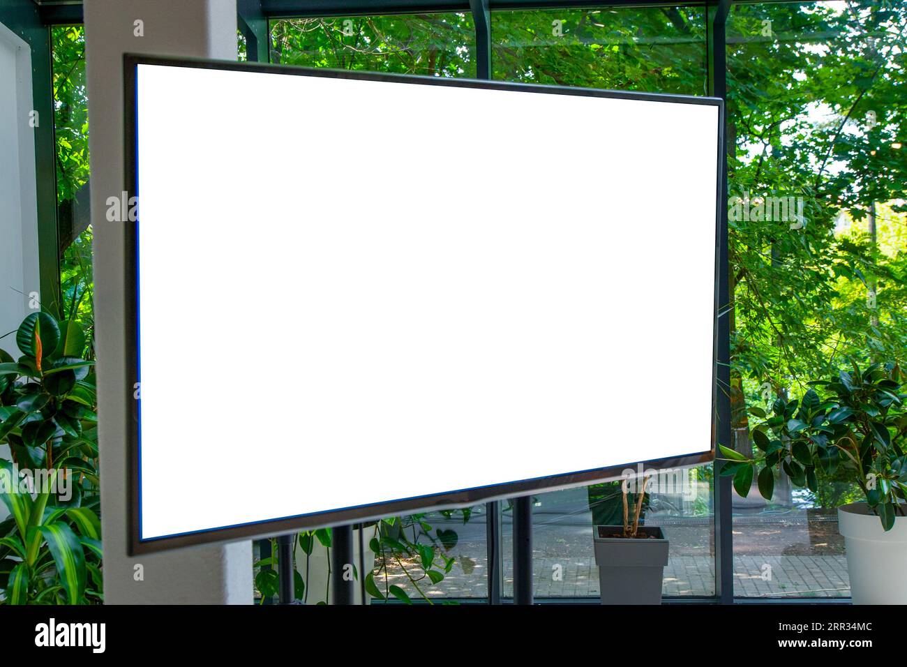 Screen with a white background in a conference room. TV set with place ...