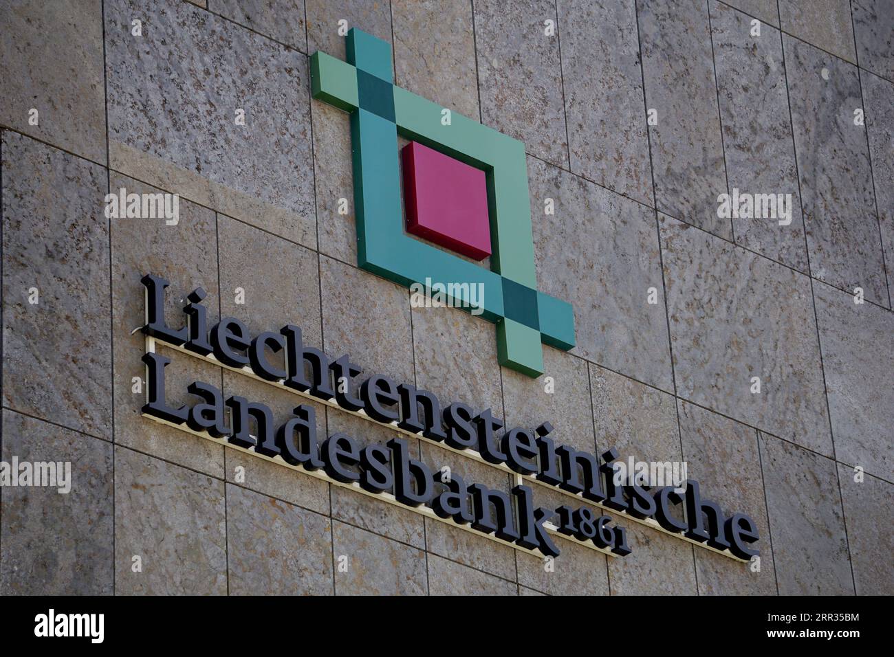 The bank's logo on the facade of the headquarters of the ...