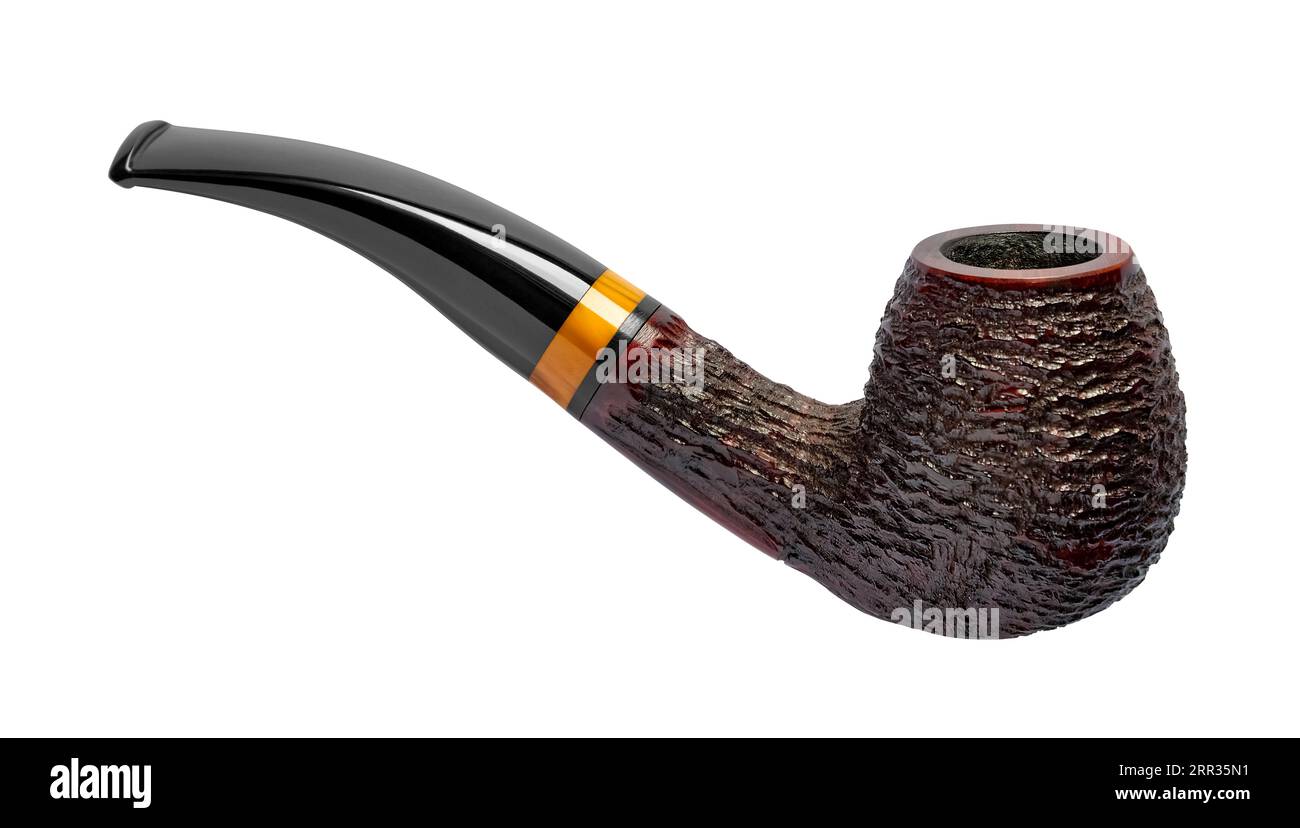 Tobacco pipe with rustic finish made of briar wood isolated in white ...
