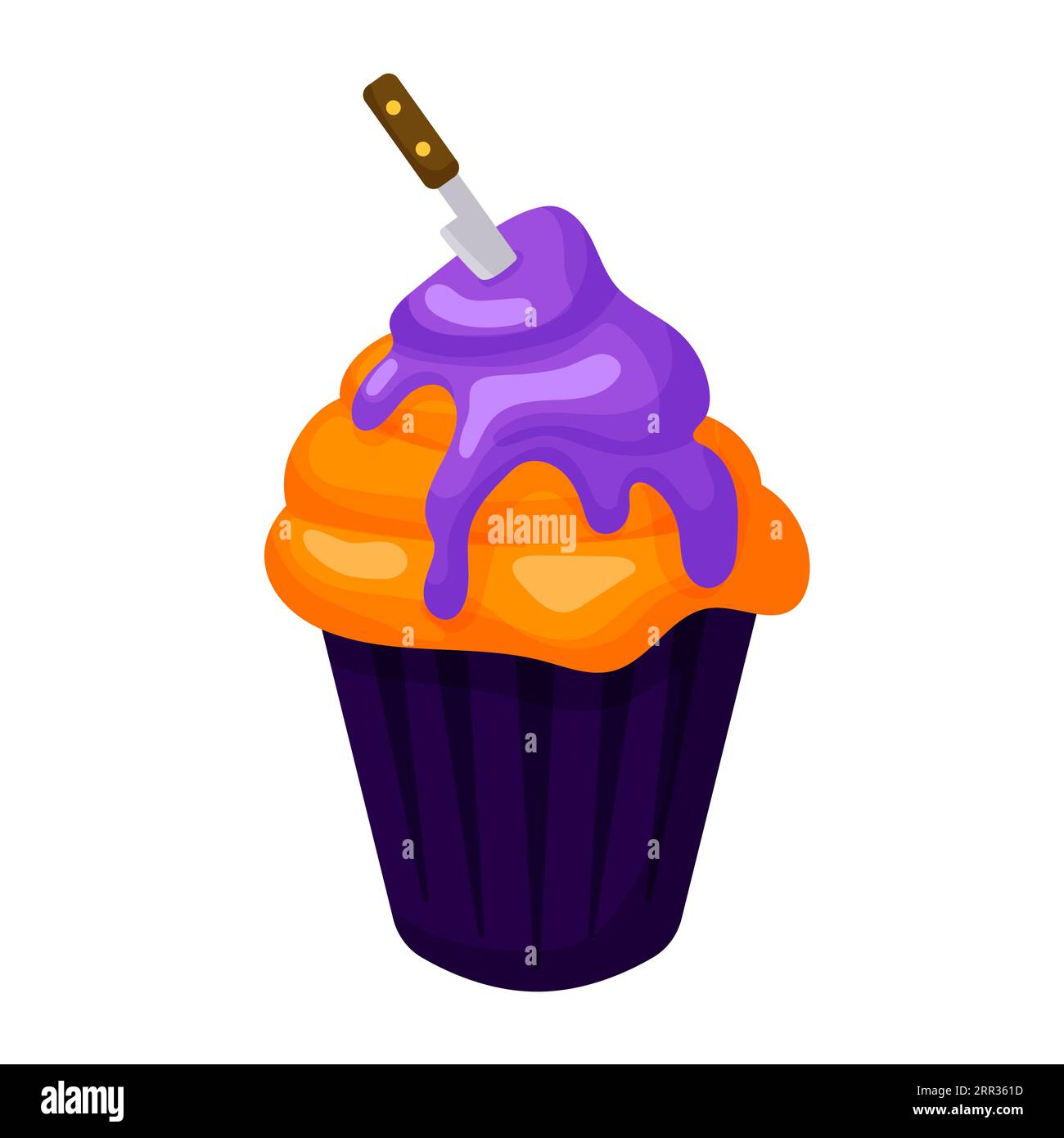 Halloween cupcake with a knife and runny icing in cartoon style. Happy ...