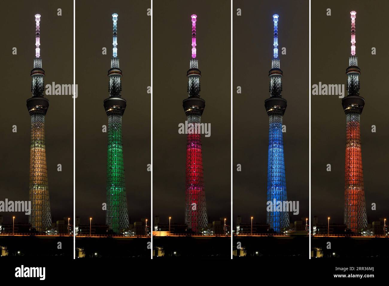 201025 -- BEIJING, Oct. 25, 2020 -- Combo photo shows Tokyo Skytree being illuminated with a ...