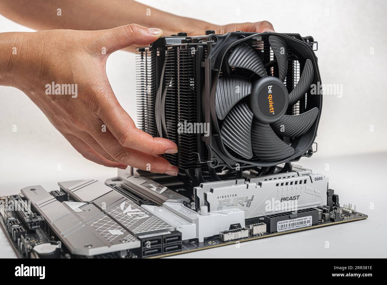 Installing a be quiet CPU cooler Dark Rock Pro 4 on the motherboard Stock Photo - Alamy