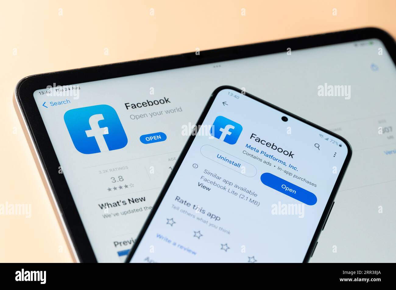 New York, USA - August 24, 2023: Facebook app on Ipados and google ...