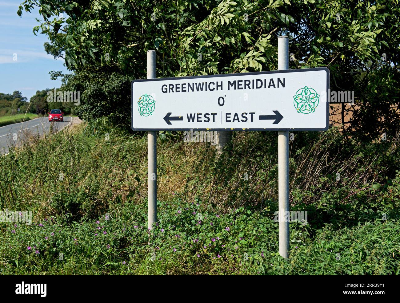 Sign for the Greenwich Meridian, just outside the village of Patrington ...