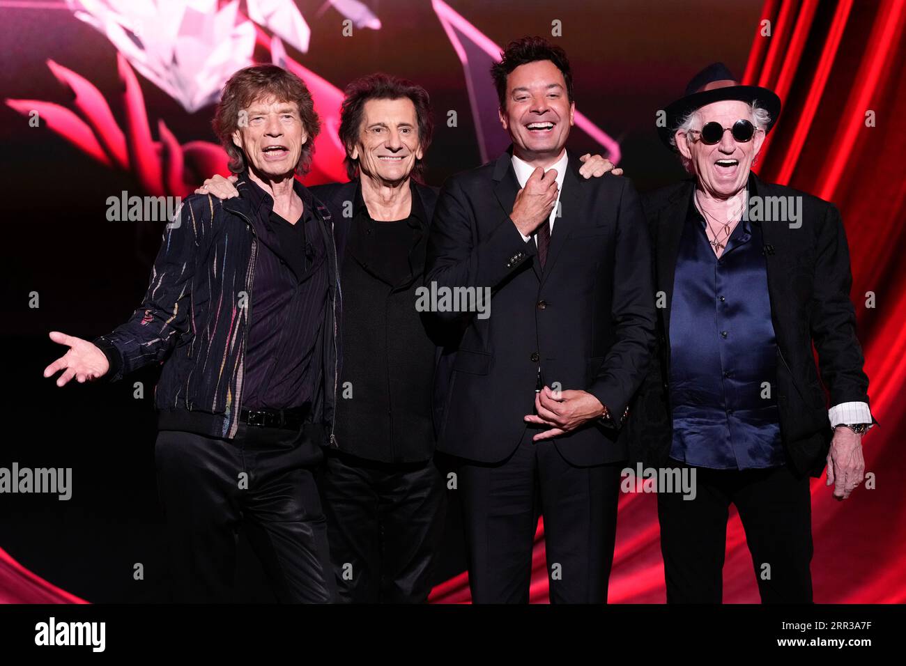 Mick Jagger, from left, Ronnie Wood, Jimmy Fallon and Keith Richards ...
