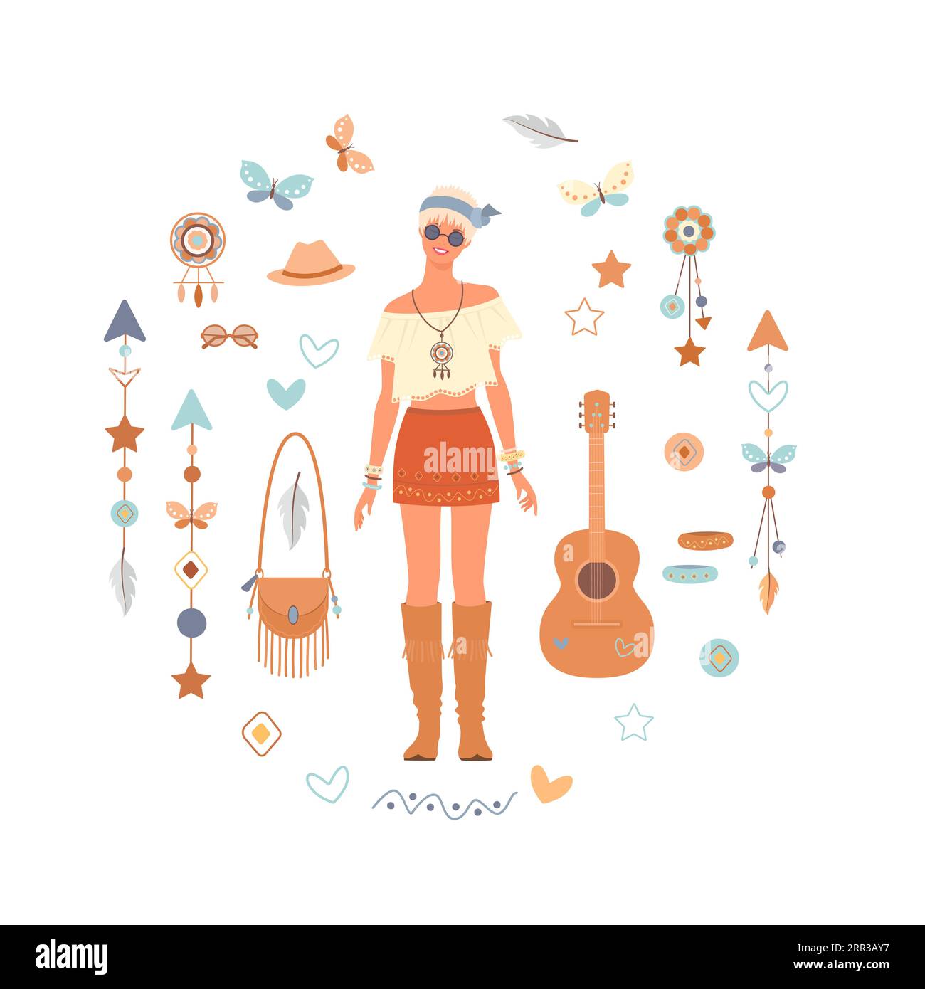 Bohemian fashion girl with boho style elements, on white background ...